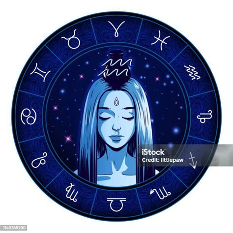งานศิลปะป้ายจักรราศี Aquarius ใบหน้าสาวสวย สัญลักษณ์ดวงชะตา ป้ายดาว ภาพประกอบเวกเตอร์ ภาพประกอบ
