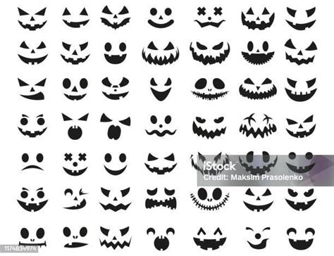Стокова ілюстрація Хеллоуїн Обличчя Значок Набір Моторошна Гарбузова Посмішка На Білому Тлі