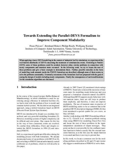 pdf towards extending the parallel devs formalism to improve component modularity franz