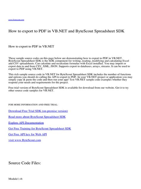 Bytescout Spreadsheet Sdk Vb Net Export To Pdf Pdf Spreadsheet