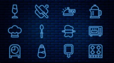 세트 라인 가스 렌지 전자 레인지 음식 트레이 티스푼 요리사 모자 와인 잔 롤링 핀 반죽 및 도마와 칼 아이콘으로 덮여 있습니다 벡터 가리기에 대한 스톡 벡터 아트 및 기타