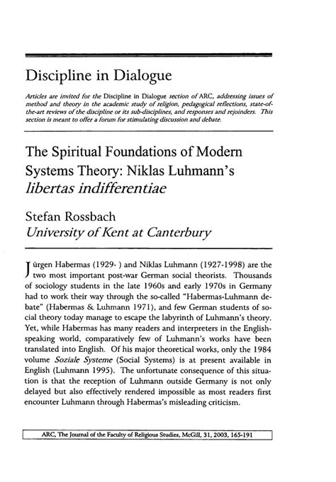 Pdf Spiritual Foundations Of Modem Systems Theory Niklas Luhmanns Libertas Indifferentiae
