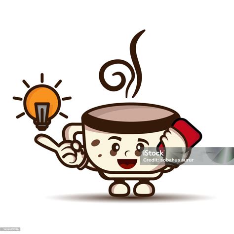 일러스트 레이 션 만화 캐릭터 귀여운 커피 컵 휴대 전화와 전구 그림 플랫 스타일 커피 제품 홍보에 적합하며 디자인을 인쇄합니다 디자인 템플릿 벡터 개념에 대한 스톡 벡터