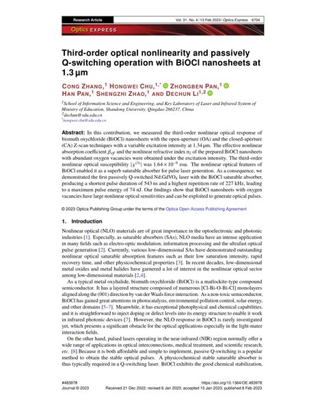 Pdf Third Order Optical Nonlinearity And Passively Q Switching Operation With Biocl Nanosheets