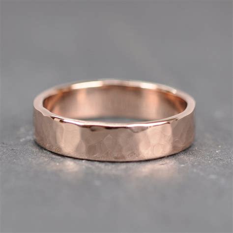Rose Gold Mens Wedding Band 14k 5mm Wide Ring Hammered Gold