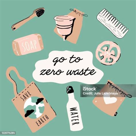 제로 폐기물 라이프 스타일 벡터 손으로 그린 요소 세트 플라스틱이 없습니다 에코 가방 빗 칫솔 수세미 비누 생리컵 병 자연 보호 배너 스티커 포스터 재활용을 거부합니다