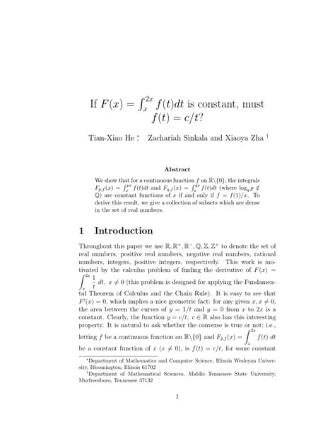 Pdf If F X Int X X F T Dt Is Constant Must F T C T