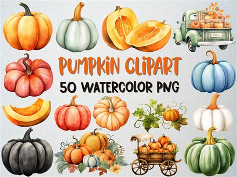 Watercolor Pumpkin Clipart Set Of 50 Png Files Fall Clipart Autumn