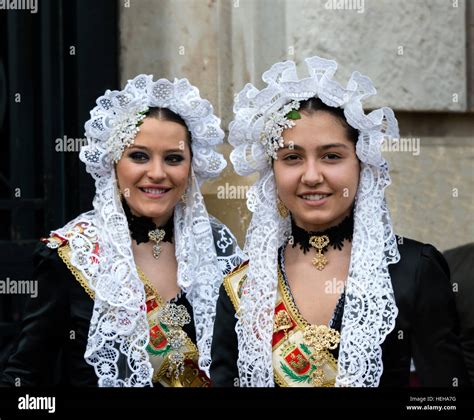 Spanish Girls In Traditional Costume Including Lace Mantilla Veil Or