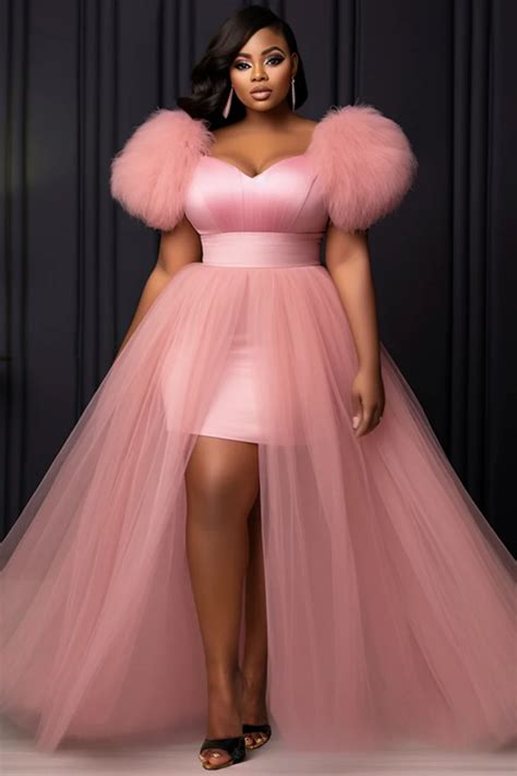 Xpluswear Design Plus Size Cocktail Party Pink Peplum Split Tulle Mini