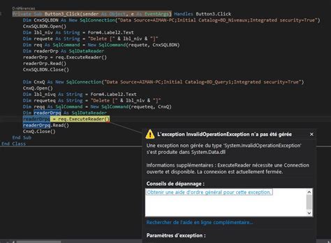 Débutant Executereader Nécessite Une Connection Ouverte Et Disponible La Connexion Est