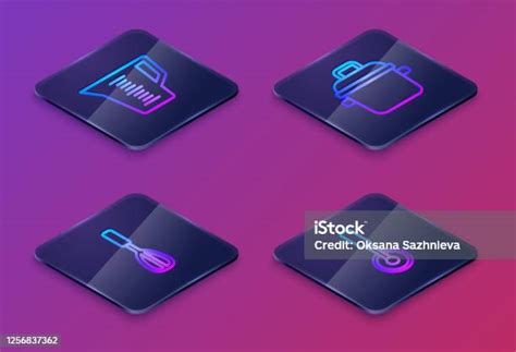 이소메트릭 라인 측정 컵 주방 거품기 요리 냄비와 피자 나이프를 설정합니다 파란색 정사각형 버튼 벡터 3차원 형태에 대한 스톡 벡터 아트 및 기타 이미지 Istock