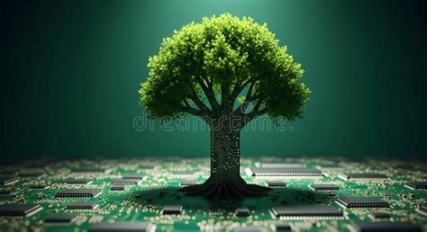 Green Technology Tree Circuit Board Digital Ecosystem Sustainable Innovation Future Growth Stock