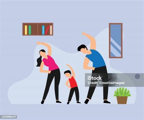 집에서 함께 아침 운동을 하며 시간을 보내는 가족 건강한 라이프 스타일 실내 피트니스 2d 플랫 벡터 일러스트 레이 션 가족에 대한 스톡 벡터 아트 및 기타 이미지 Istock