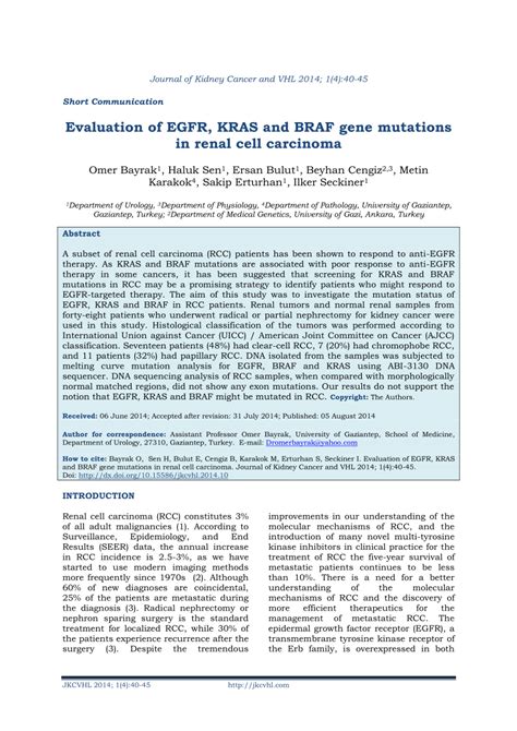 Pdf Evaluation Of Egfr Kras And Braf Gene Mutations In Renal Cell Carcinoma