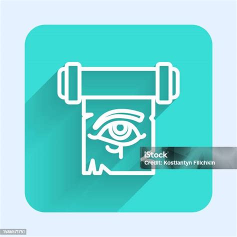 파피루스 두루마리 아이콘에 있는 흰 선은 긴 그림자 배경으로 분리되어 있다 양피지 고대 이집트의 상징 녹색 사각형 버튼입니다 벡터 고대의에 대한 스톡 벡터 아트 및 기타