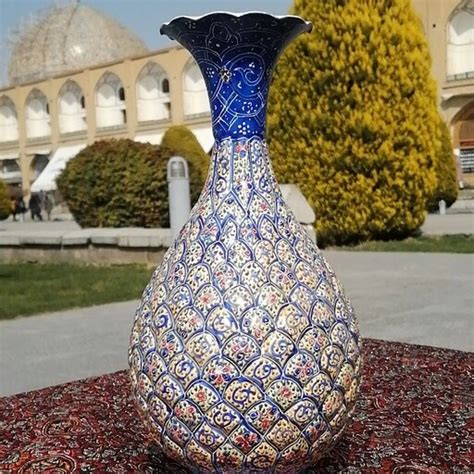 خرید و قیمت گلدان مینا کاری از جنس مس سایز 23 سانتی اثر استاد قاسمی ترب