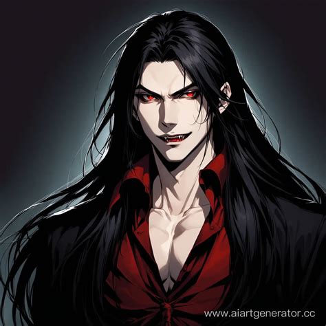 Dark Vampire With Long Black Hair And Fiery Red Eyes Ai Art Generator