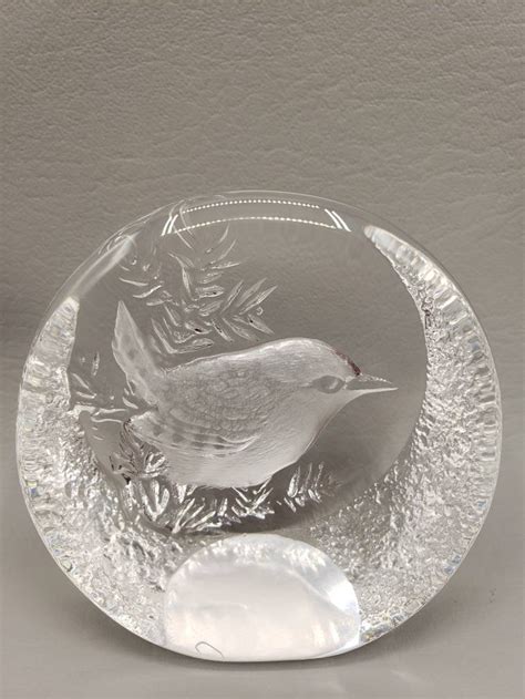 Mats Jonasson Paperweight Etched Signed Crystal Bird Wren Etsy