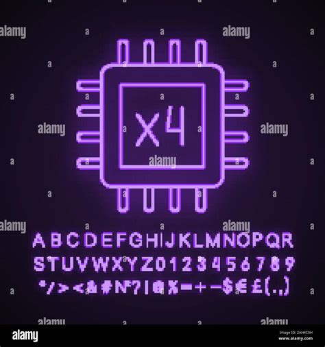 Quad Core Processor Neon Light Icon Four Core Microprocessor