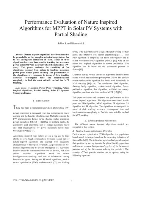 pdf performance evaluation of nature inspired algorithms for mppt in