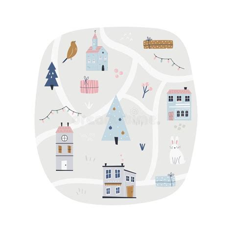 Cute Christmas City Map With Holiday Streets Decorations Colorful Houses Stock Vector