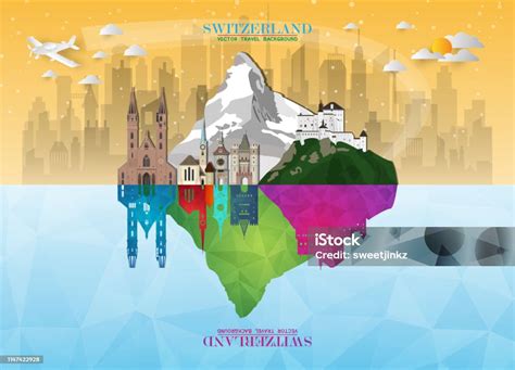 스위스 랜드마크 글로벌 여행 및 여행 종이 배경입니다 벡터 디자인 서식 파일입니다 광고 책 배너 템플릿 여행 비즈니스 또는 프레젠테이션에 사용 됩니다 스위스에 대한 스톡