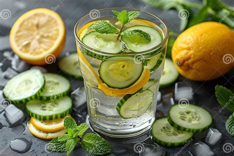 Refreshing Citrus Cucumber Infused Water With Mint Leaves And Ice Cubes Summer Hydration Concept