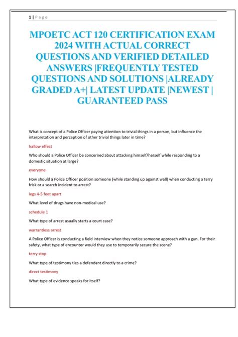 Mpoetc Act 120 Certification Exam 2024 With Actual Correct Questions And Verified Detailed