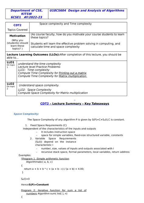 Daa Cdt2 Important Notes Department Of Cse Kitsw 6cse1 Ay2022 U18cs604 Design And