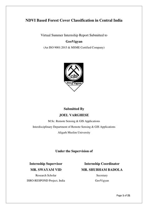 Pdf Ndvi Based Forest Cover Classification In Central India