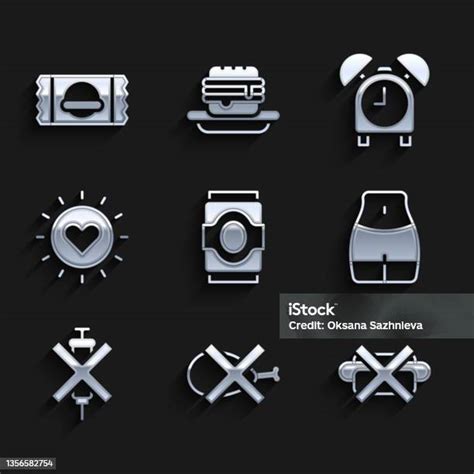 설정 소다 수 아니 고기 정크 푸드 여성 허리 도핑 주사기 태양 알람 시계와 스포츠 영양 아이콘 벡터 0명에 대한 스톡 벡터 아트 및 기타 이미지 Istock