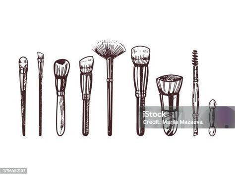 메이크업 브러쉬의 손으로 그린 낙서 스케치 세트 미용실 화장품 매장 메이크업 디자인을 위한 일러스트레이션 새겨진 이미지 0명에 대한 스톡 벡터 아트 및 기타 이미지 Istock