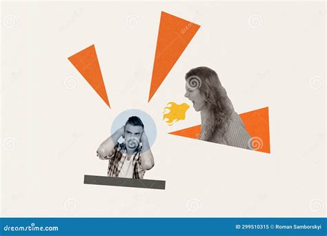 Picture Collage Sketch Of Angry Aggressive Woman Shouting Man Problem
