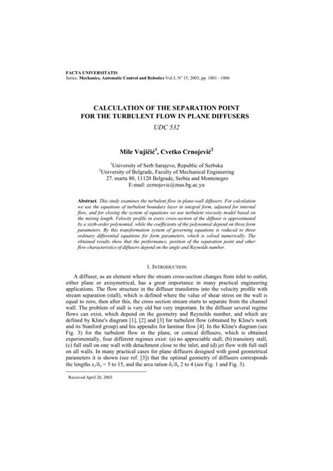 PDF Calculation Of The Separation Point For The Turbulent Flow In Plane Diffusers