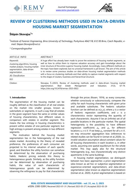 Pdf Review Of Clustering Methods Used In Data Driven Housing Market Segmentation