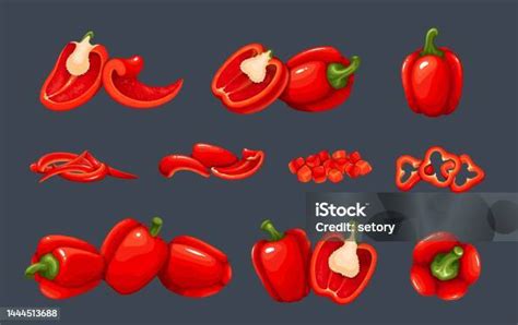 고추 세트 전체 파프리카 및 반 또는 분기로 자르고 다진 조각과 고리 단고추에 대한 스톡 벡터 아트 및 기타 이미지 단고추 빨강 단고추 썰기 Istock