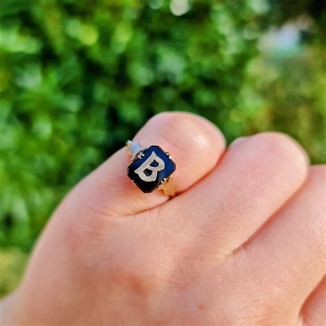 Art Deco 9ct Gold And Black Onyx Initial B Ring