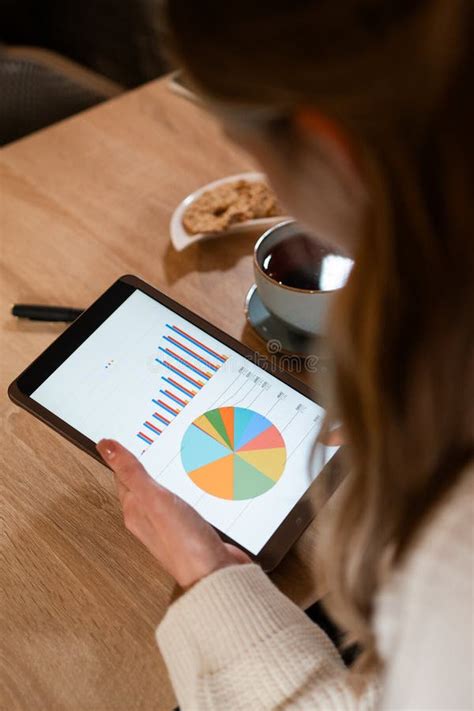 Close Up Of Tablet Screen With Graphs And Charts In Female Hands In Cafe Business Data