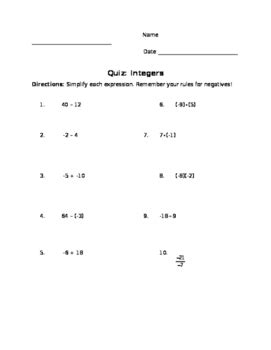 Integers Quiz By KSantamaria Teachers Pay Teachers