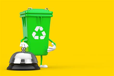 호텔 서비스 벨 콜재활용 표지판 녹색 쓰레기 통 캐릭터 마스코트 3d 렌더링 0명에 대한 스톡 사진 및 기타 이미지 0명 노랑 디지털 생성 이미지 Istock