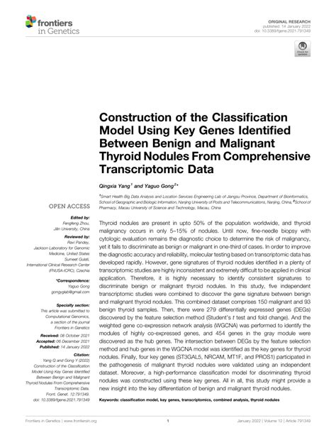 Pdf Construction Of The Classification Model Using Key Genes Identified Between Benign And