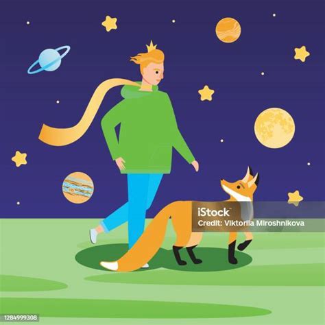 여우 어린 왕자 책 플롯으로 별이 빛나는 하늘 우정 개념 책 캐릭터로 작은 왕자와 플랫 벡터 스톡 일러스트 동화 줄거리 귀여운에