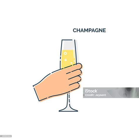 샴페인 한 잔을 들고 손을 잡습니다 흰색 배경에 라인 아트 디자인 요소 텀블러 거품 음료와 인간의 손가락 술을 마시는 시간의 개념 모던 그래픽 스타일 일러스트레이션 검은색에