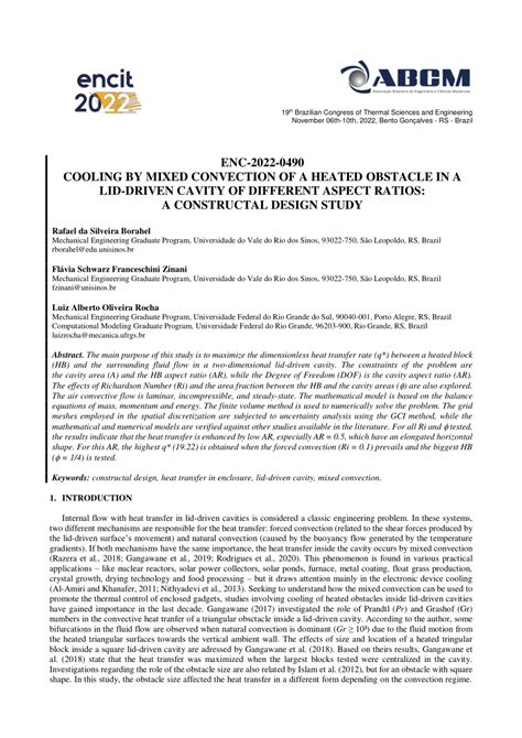 Pdf Cooling By Mixed Convection Of A Heated Obstacle In A Lid Driven Cavity Of Different