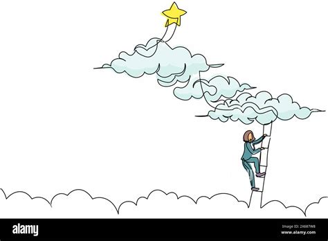 Single One Line Drawing Active Businesswoman Climbing Ladder To Reach