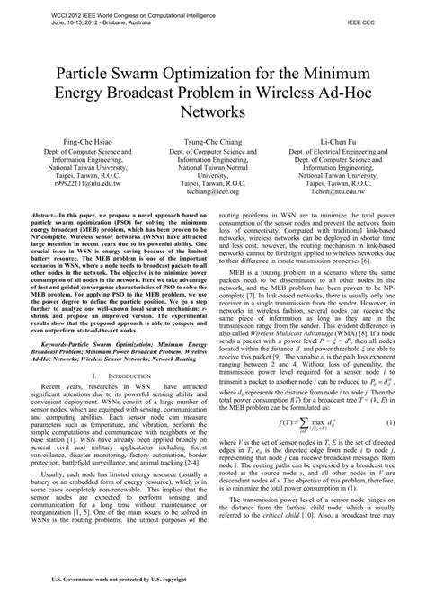 Pdf Particle Swarm Optimization For The Minimum Energy Broadcast Problem In Wireless Ad Hoc