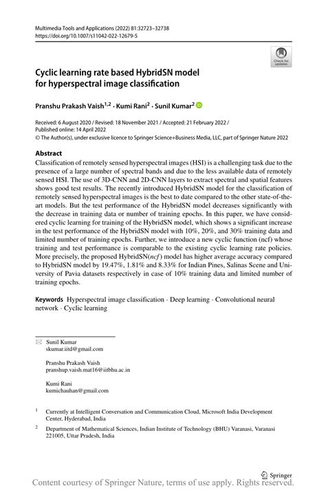 Cyclic Learning Rate Based Hybridsn Model For Hyperspectral Image Classification Request Pdf