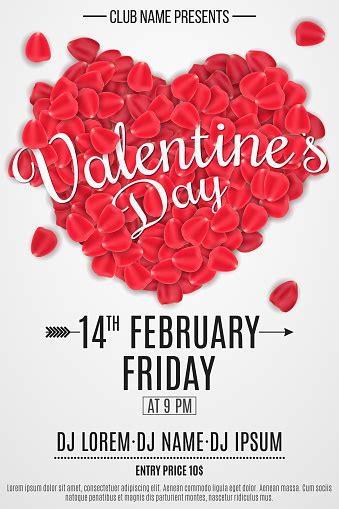 발렌타인 데이 파티 포스터 텍스트와 장미 꽃잎의 마음 낭만적 인 휴가 Dj와 클럽 이름 클럽을 위한 디자인 벡터 그림입니다 Esp 10 밸런타인데이에 대한 스톡 벡터 아트