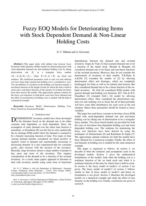 Pdf Fuzzy Eoq Models For Deteriorating Items With Stock Dependent